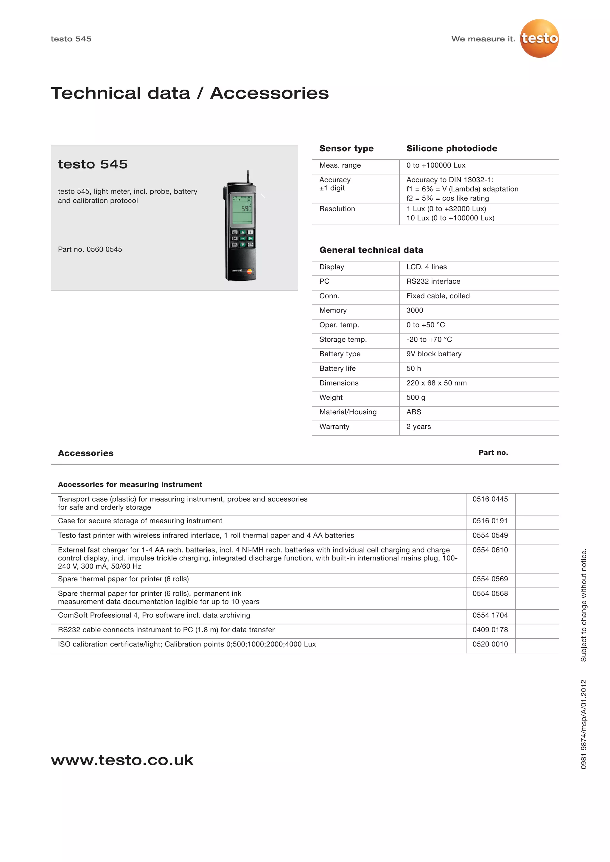 Testo 545 datasheet 2012 | PDF