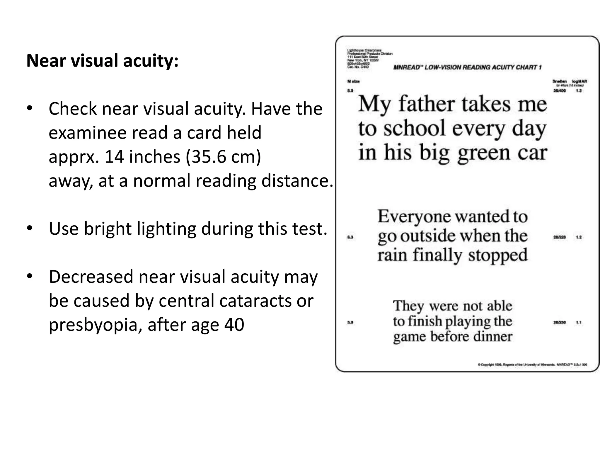 Test of distance vision, near vision visual field bs ed | PPTX | Eye ...