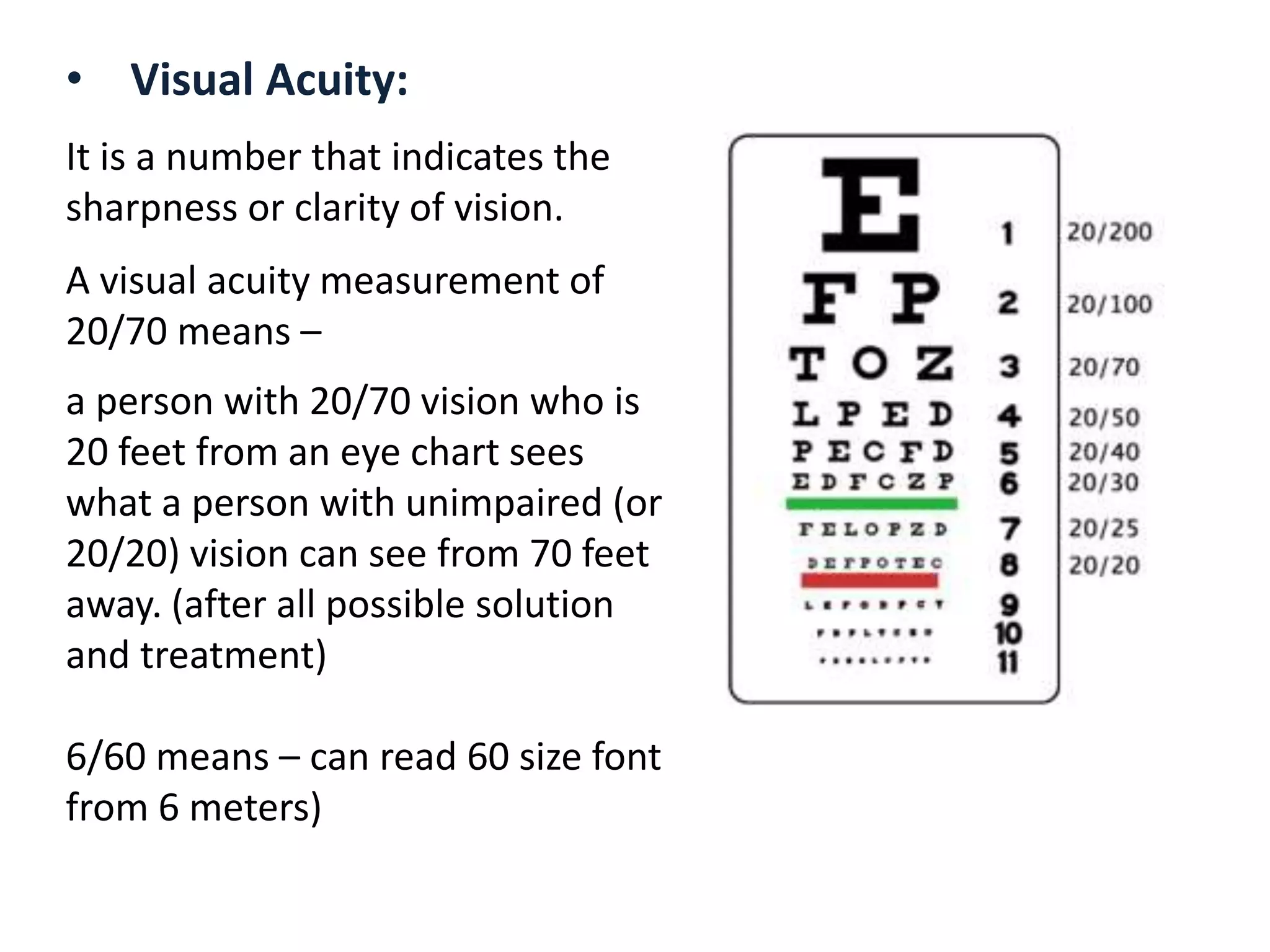 Test of distance vision, near vision visual field bs ed | PPTX | Eye ...