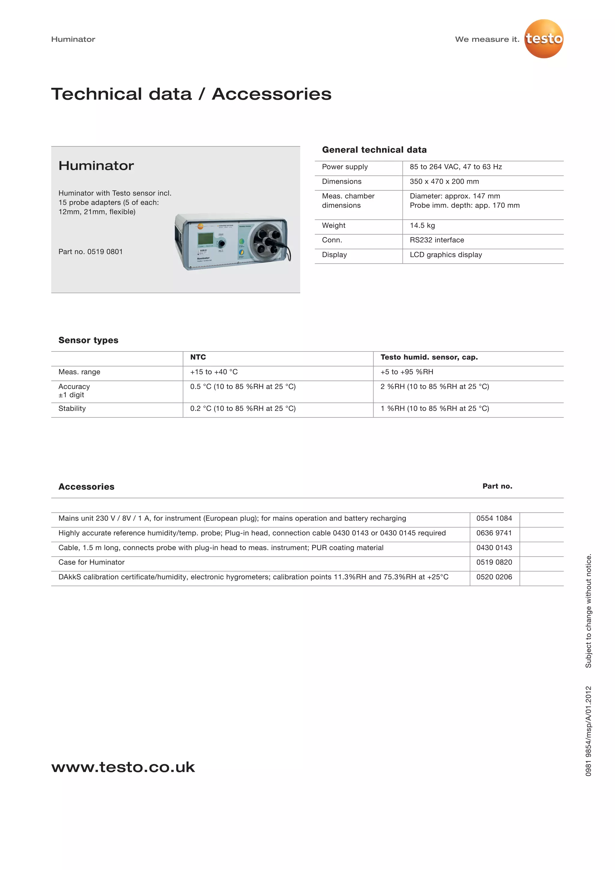 Testo huminator datasheet 2012 | PDF