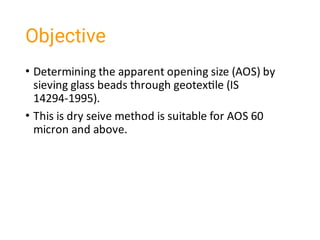 Test on geotextile apparent opening size and porosity | PDF