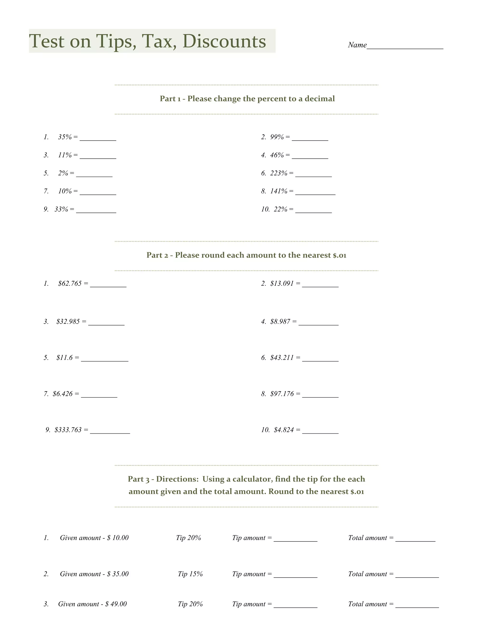 Test on tips, tax, discounts new version | PDF