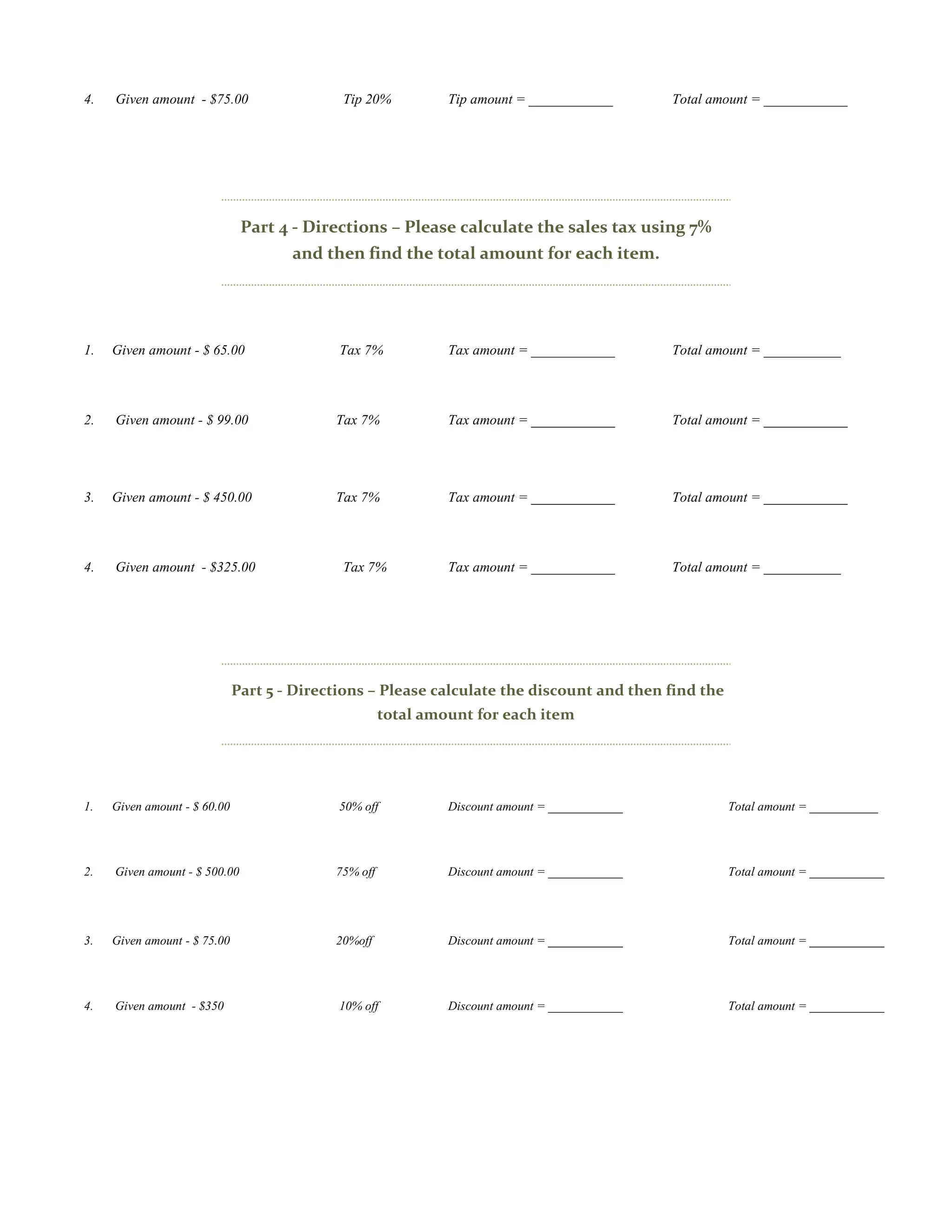 Test on tips, tax, discounts new version | PDF