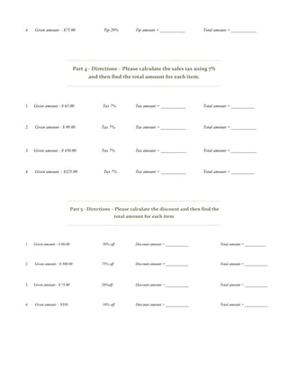 Test on tips, tax, discounts new version | PDF