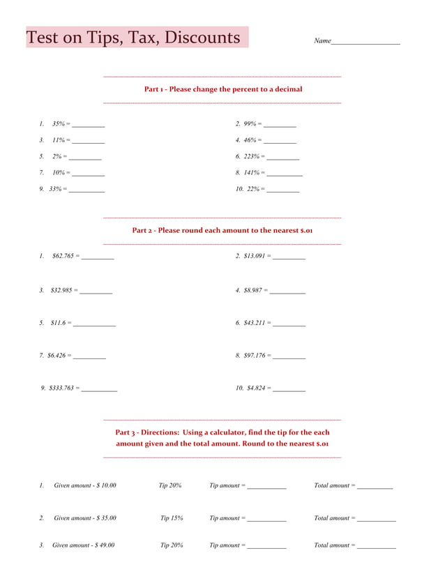 Test on tips, tax, discounts new version part 2 | PDF