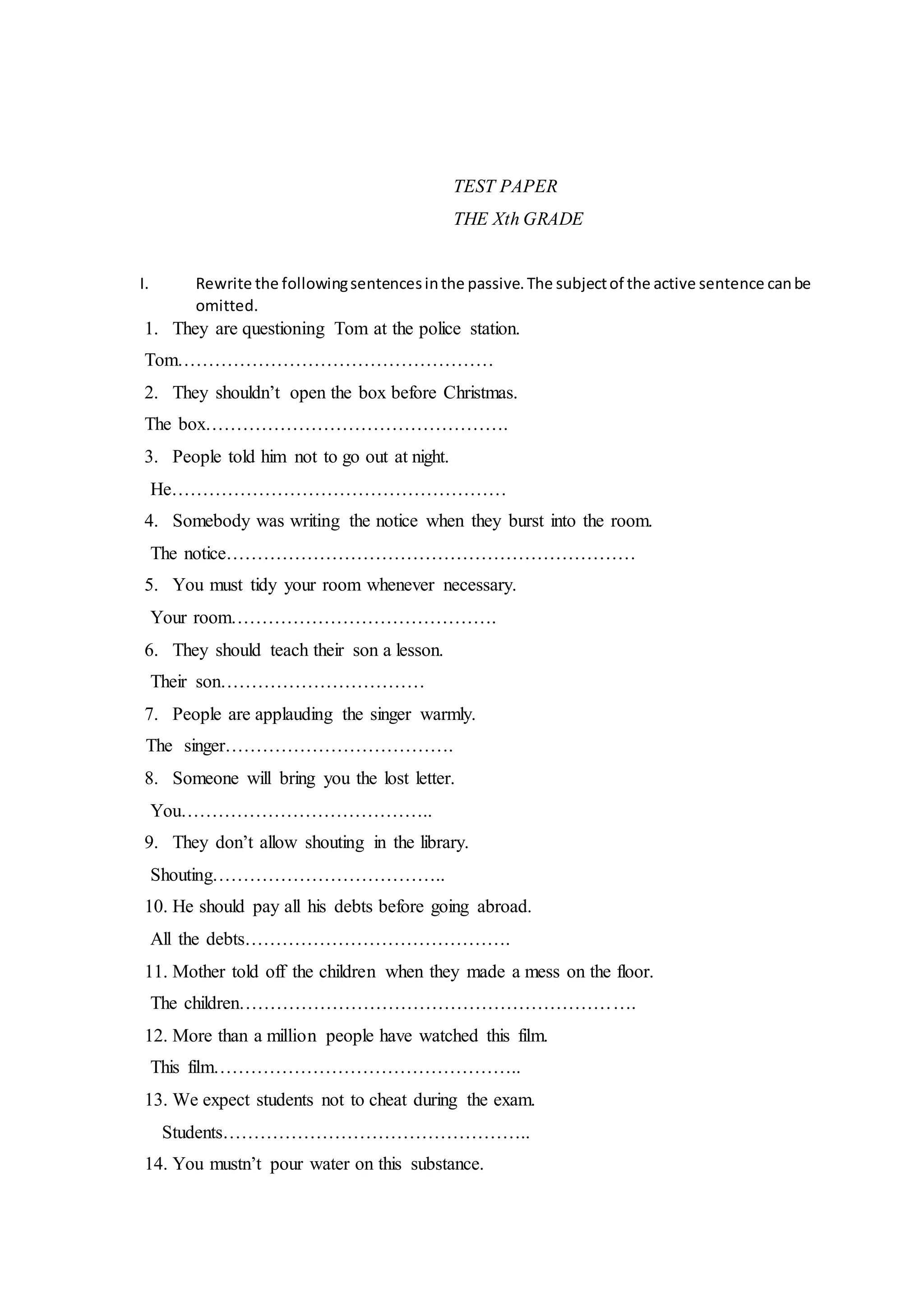 Test paper the 10th grade | DOCX
