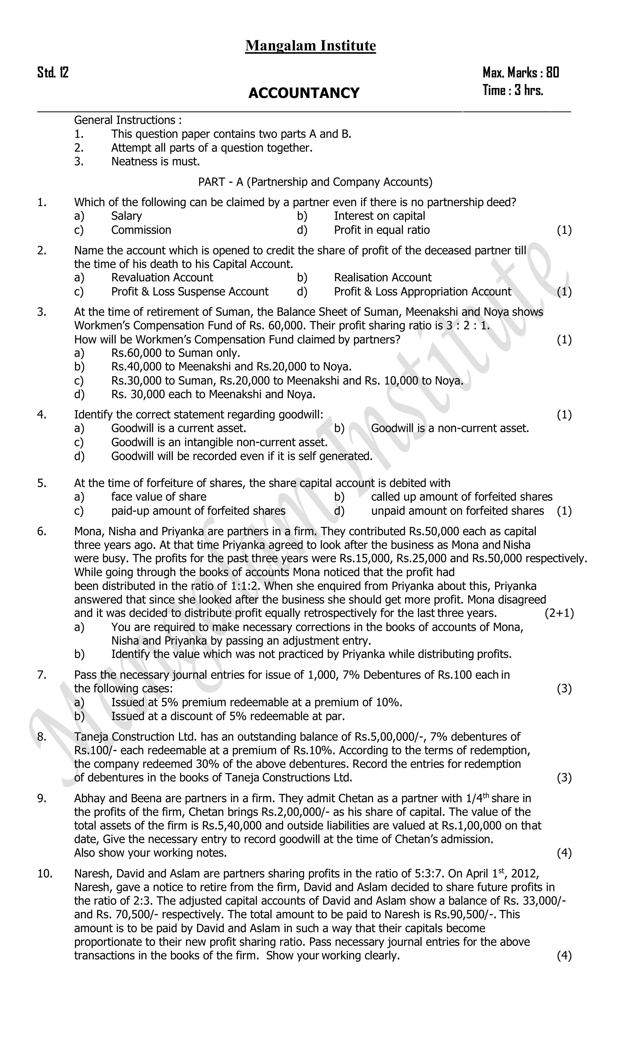 Test paper for class 12 accountancy pre board | PDF