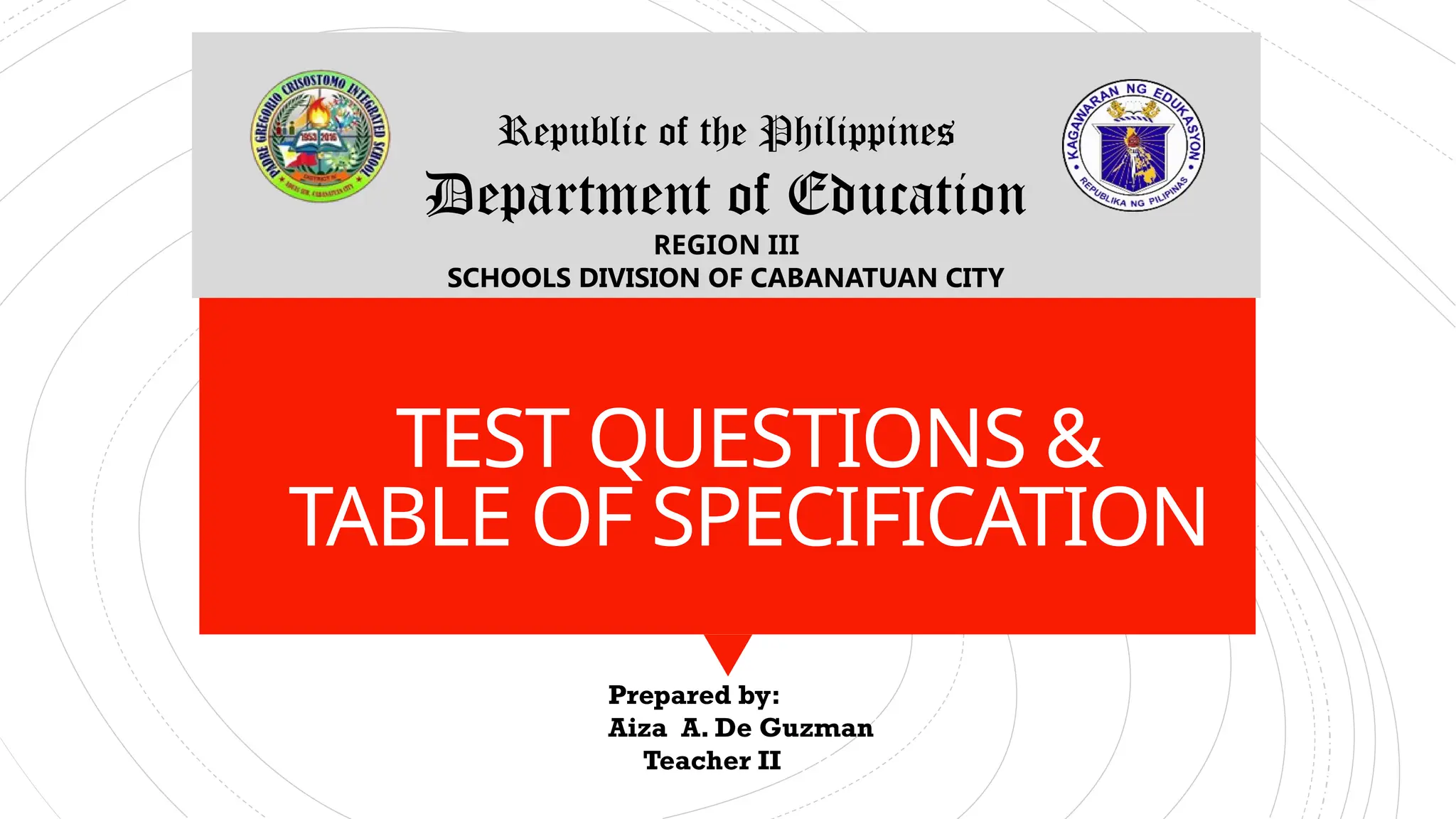 TEST QUESTION AND TABLE OF SPECIFICATION | PPTX