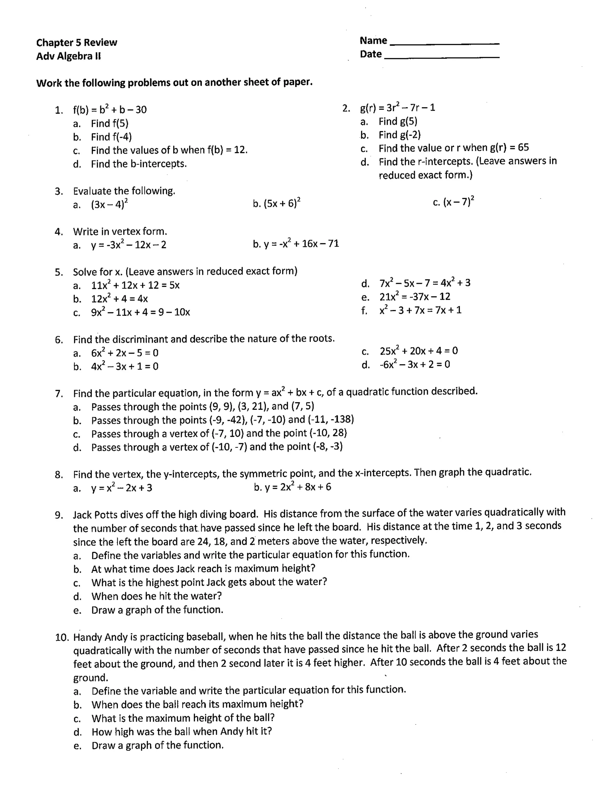 Chapter 5 Test Review - Quadratics | PDF