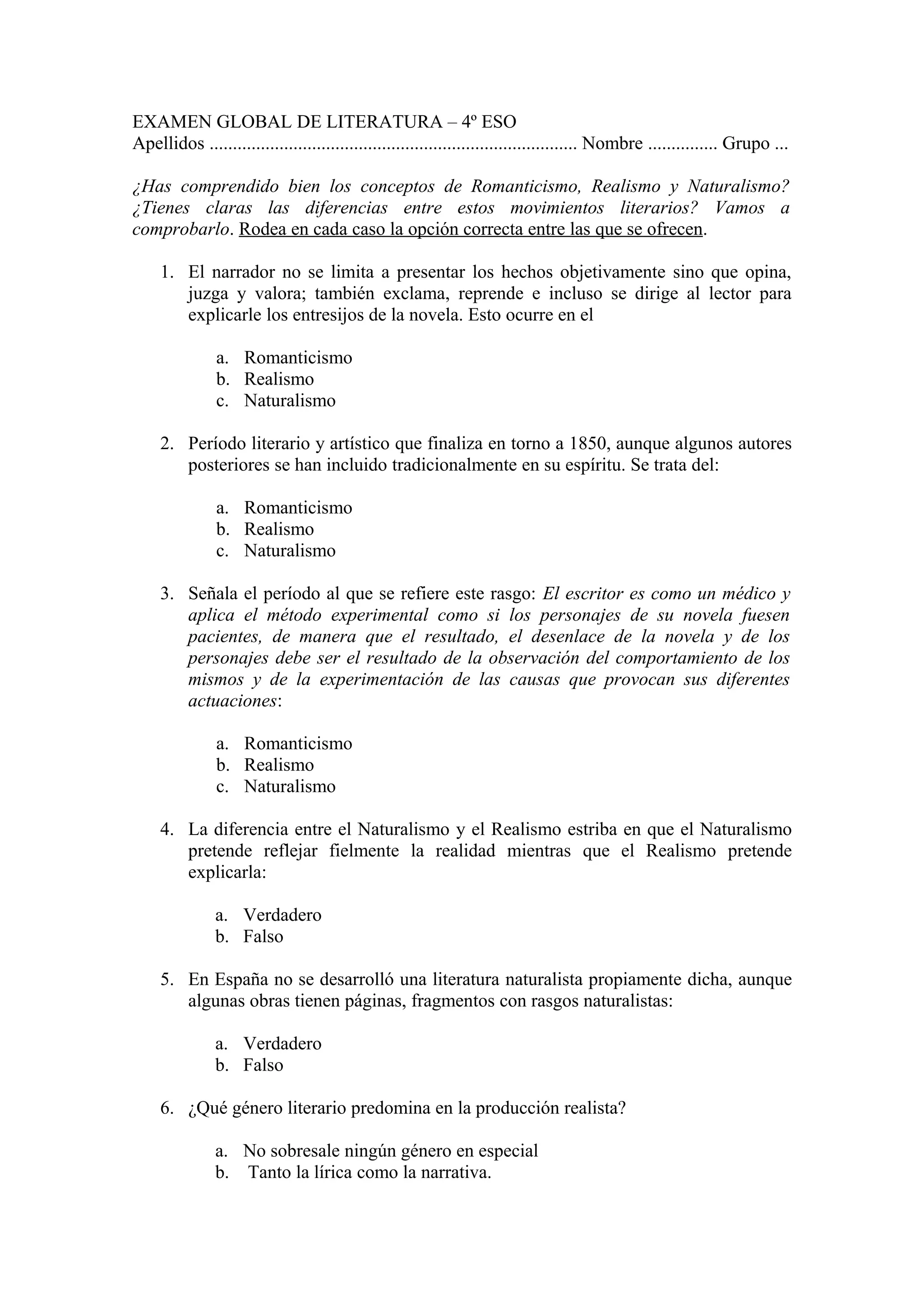 Test romanticismo realismo-naturalismo | DOC