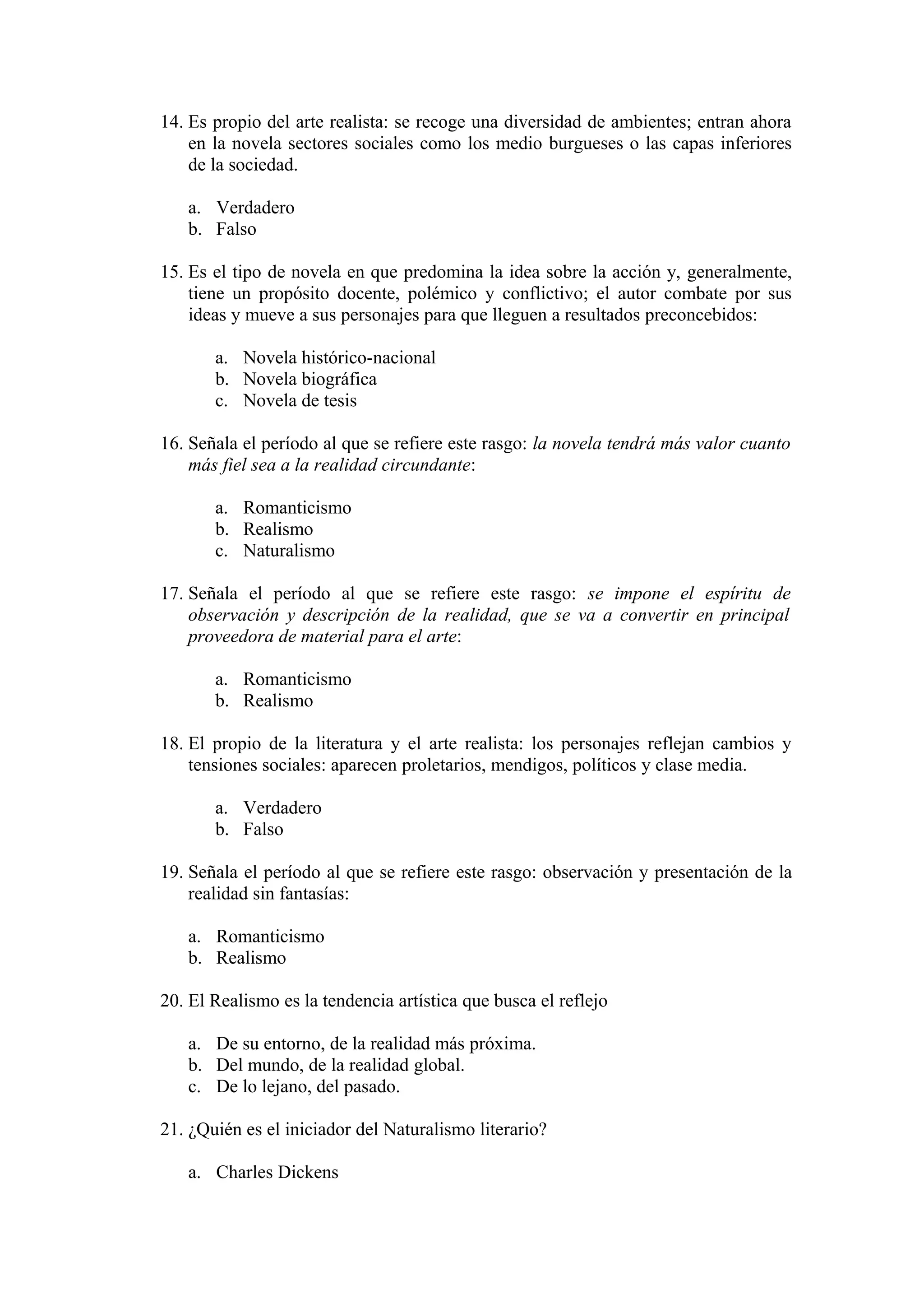 Test romanticismo realismo-naturalismo | DOC