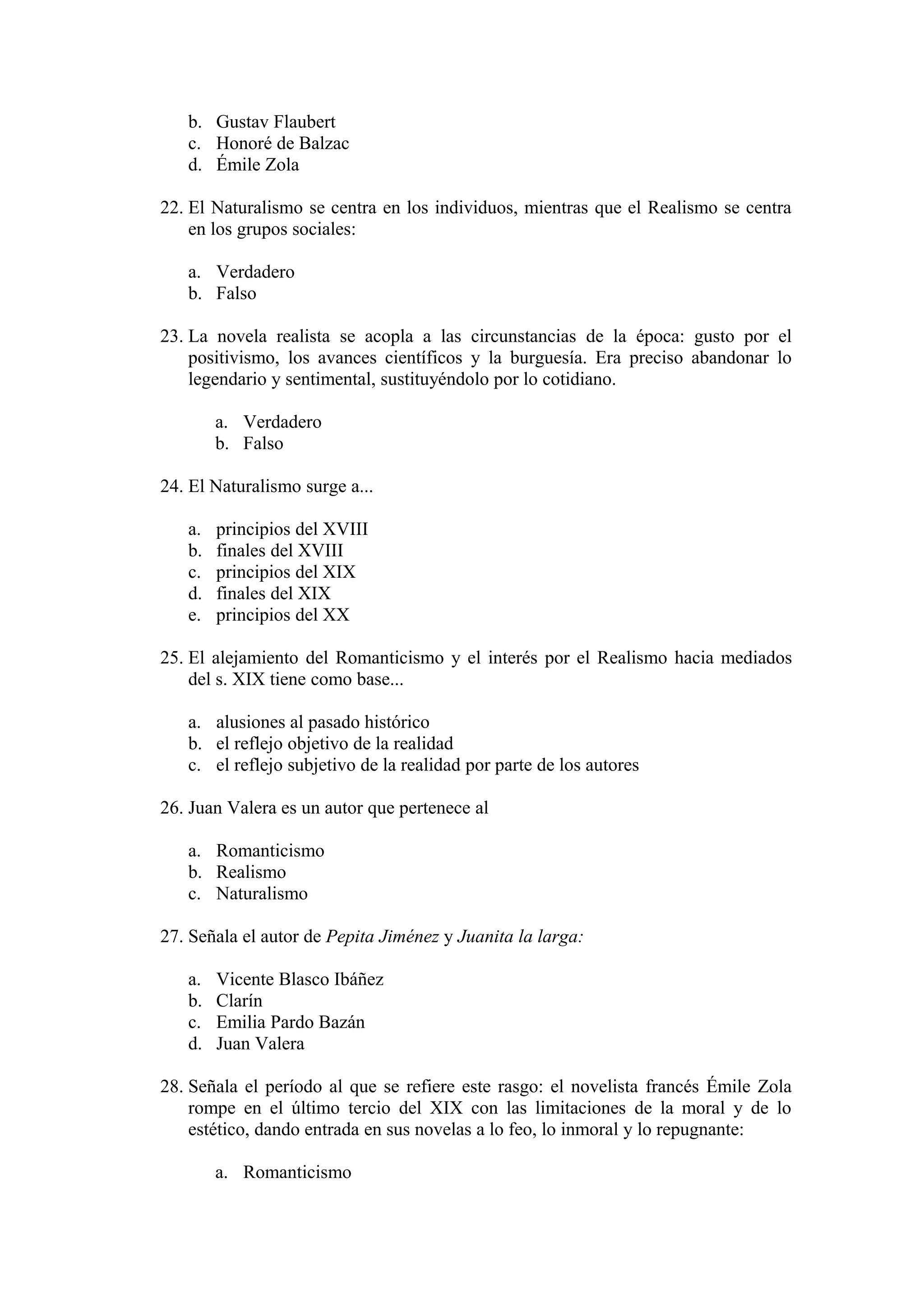 Test romanticismo realismo-naturalismo | DOC