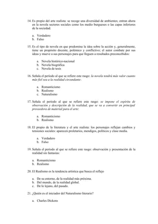 Test romanticismo realismo-naturalismo | DOC