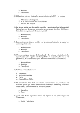 Test romanticismo realismo-naturalismo | DOC