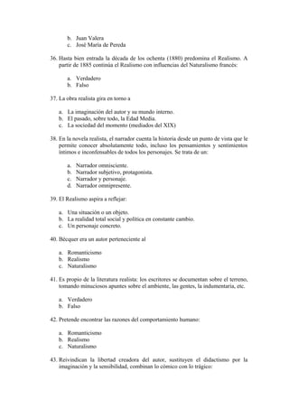 Test romanticismo realismo-naturalismo | DOC