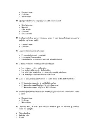 Test romanticismo realismo-naturalismo | DOC