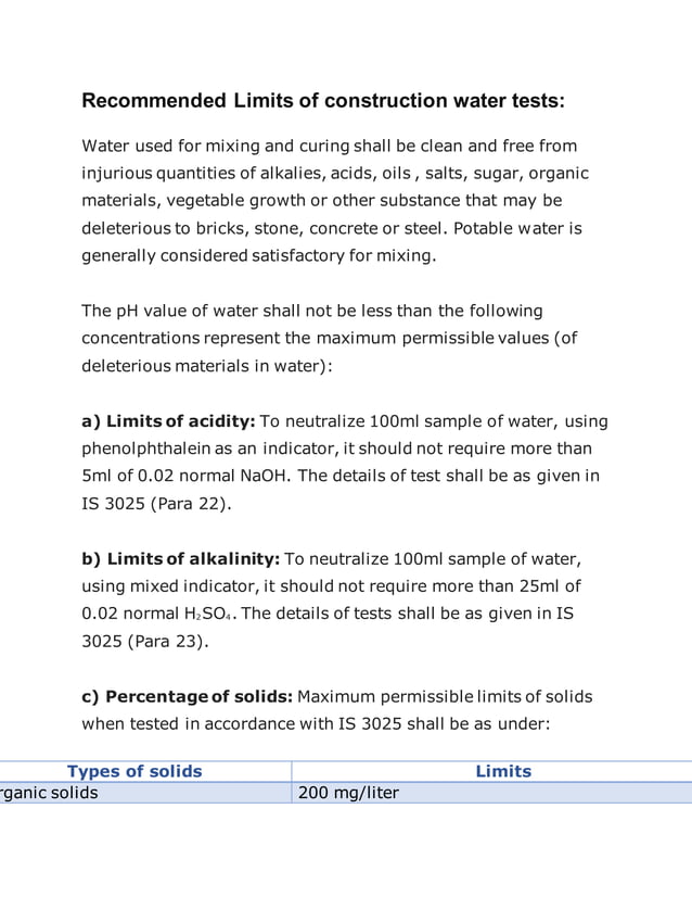 Tests for water quality for construction | DOCX | Chemistry | Science