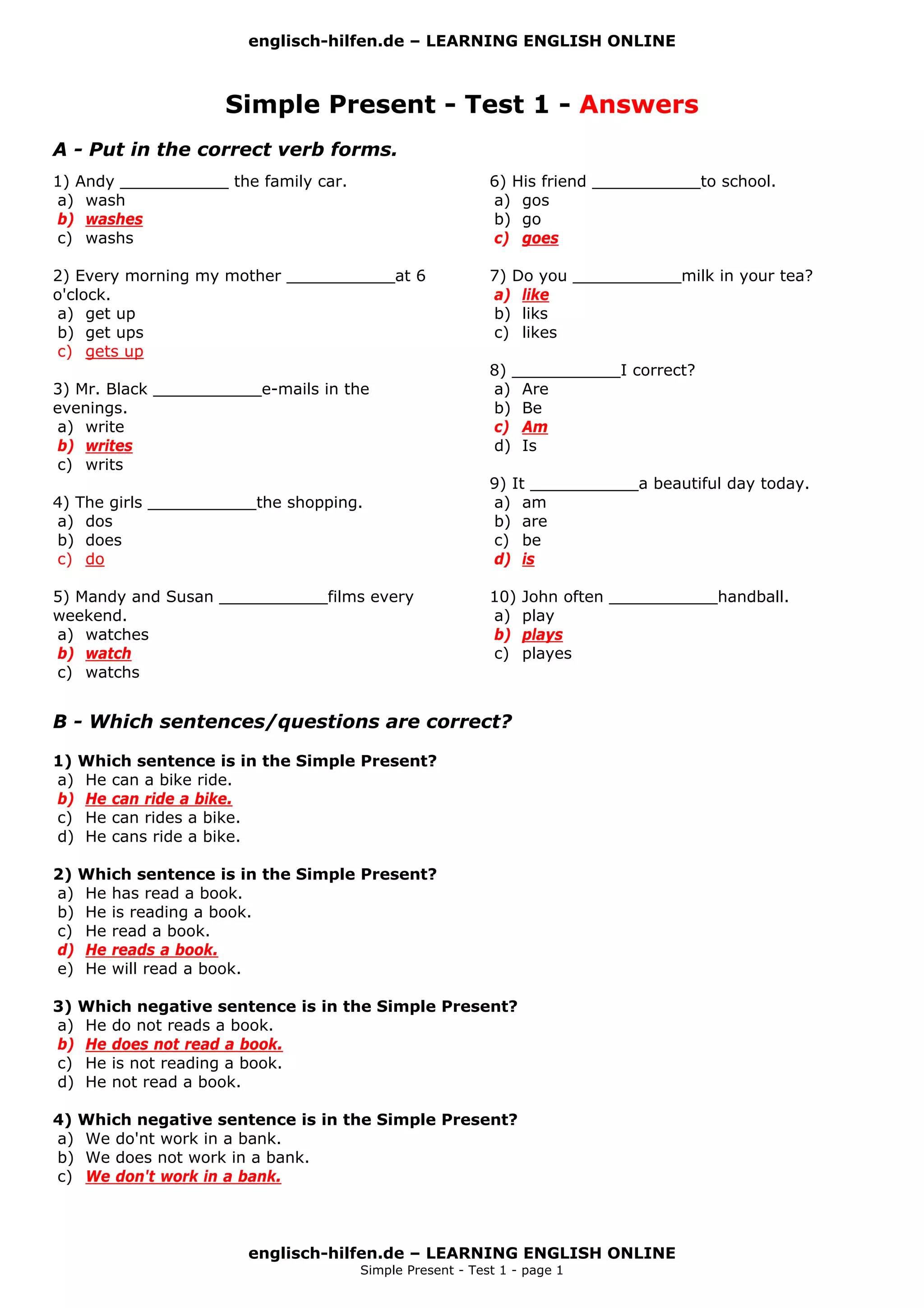 Test simple present_en_answers | PDF