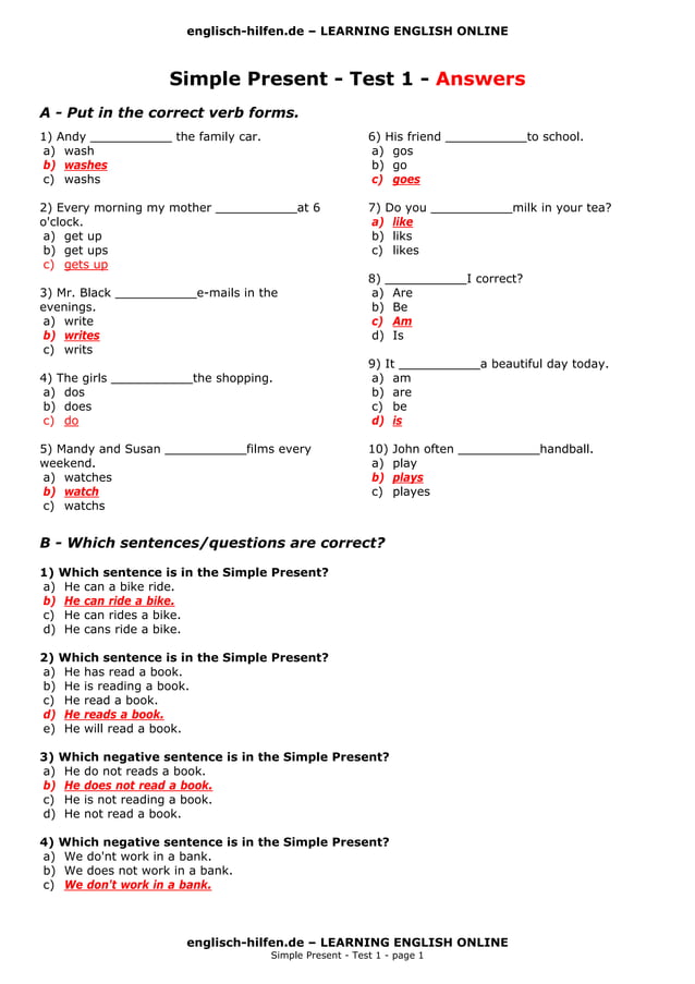 Test simple present_en_answers | PDF