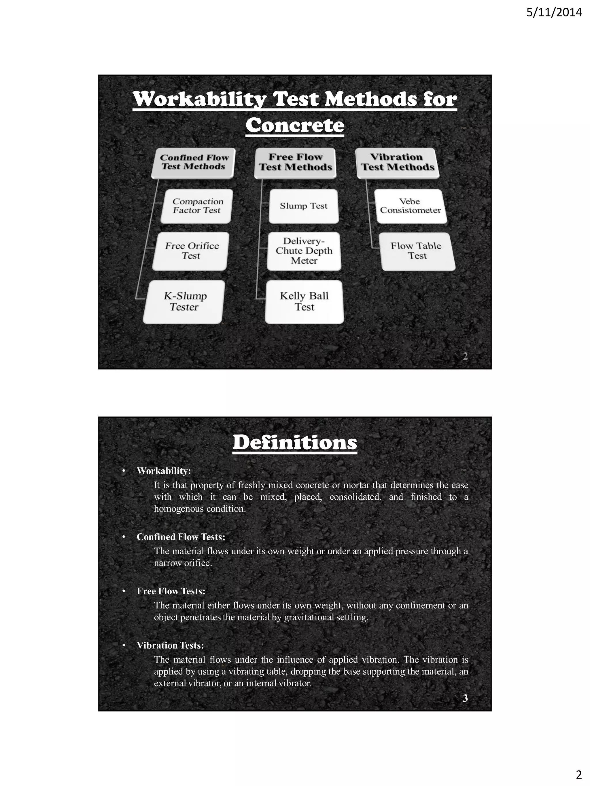 Tests on fresh concrete SLUMP TEST VEE BEE TEST COMPACTION FACTOR TEST ...
