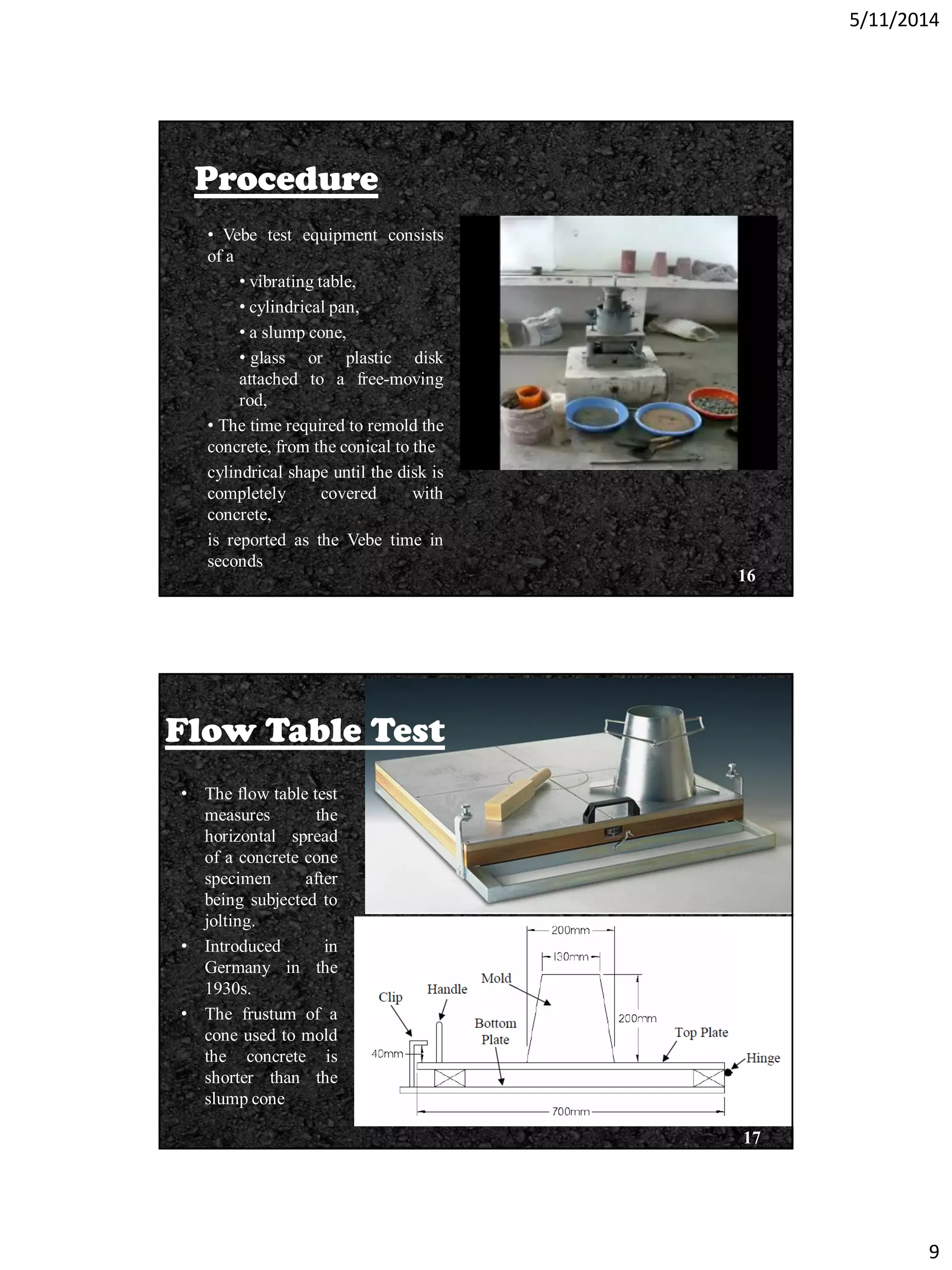 Tests on fresh concrete SLUMP TEST VEE BEE TEST COMPACTION FACTOR TEST ...