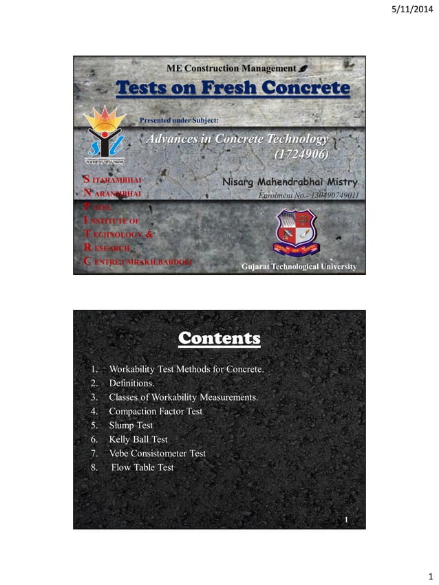 Tests on fresh concrete SLUMP TEST VEE BEE TEST COMPACTION FACTOR TEST ...