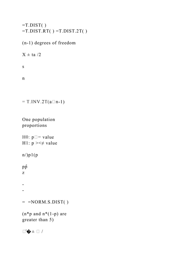 Test Statistic Excel functions Confidence Interval formula .docx