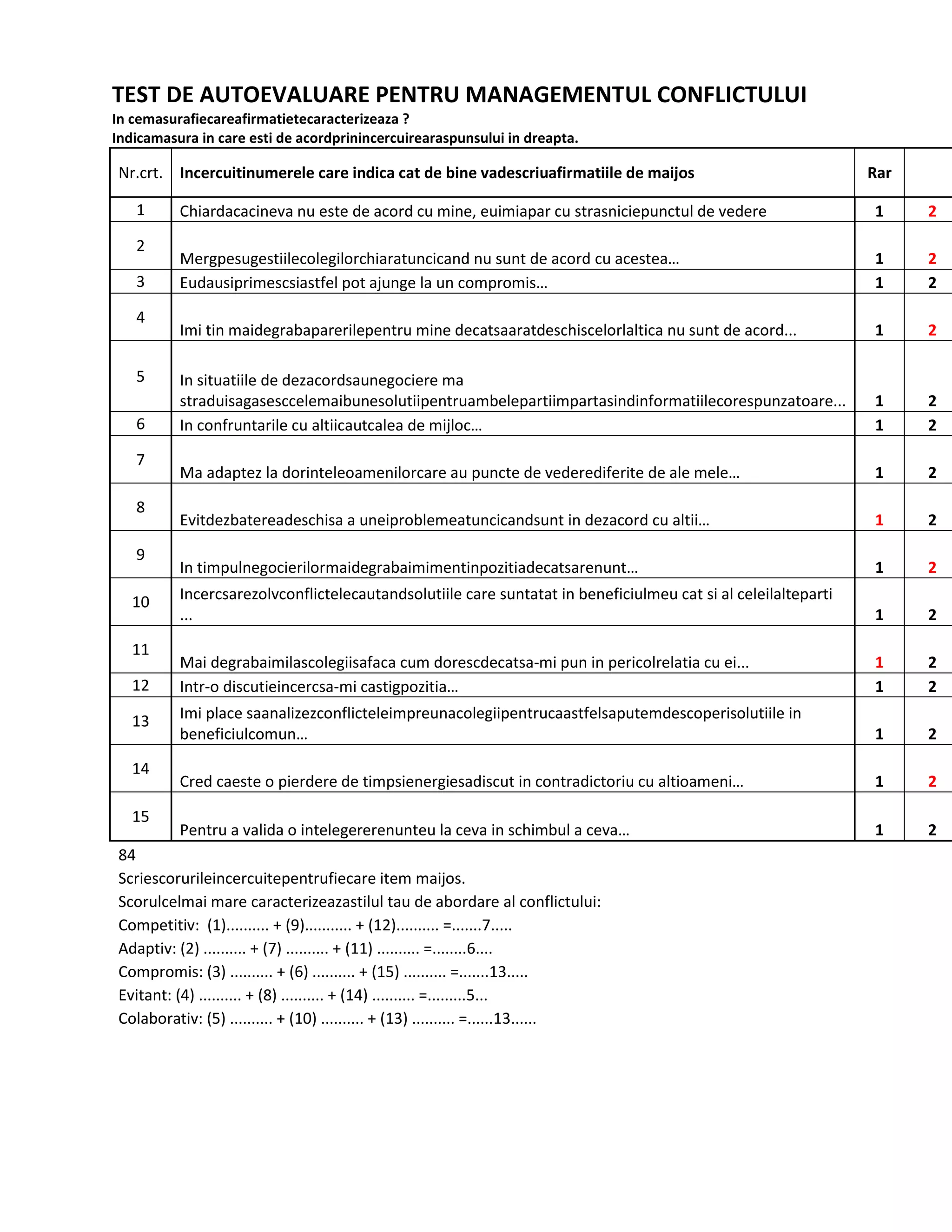 Test stil de conflict management | DOCX