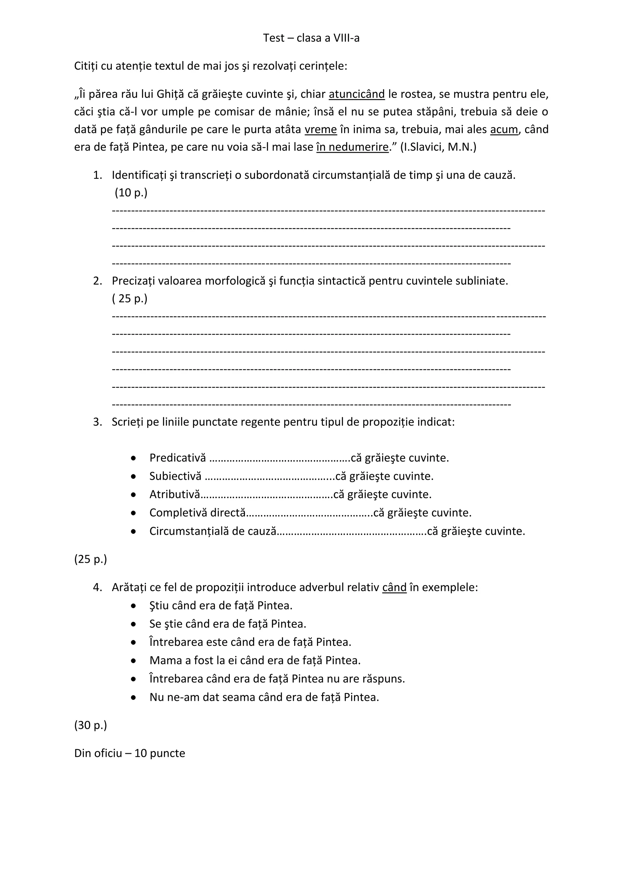 Test subordonate romana | DOCX