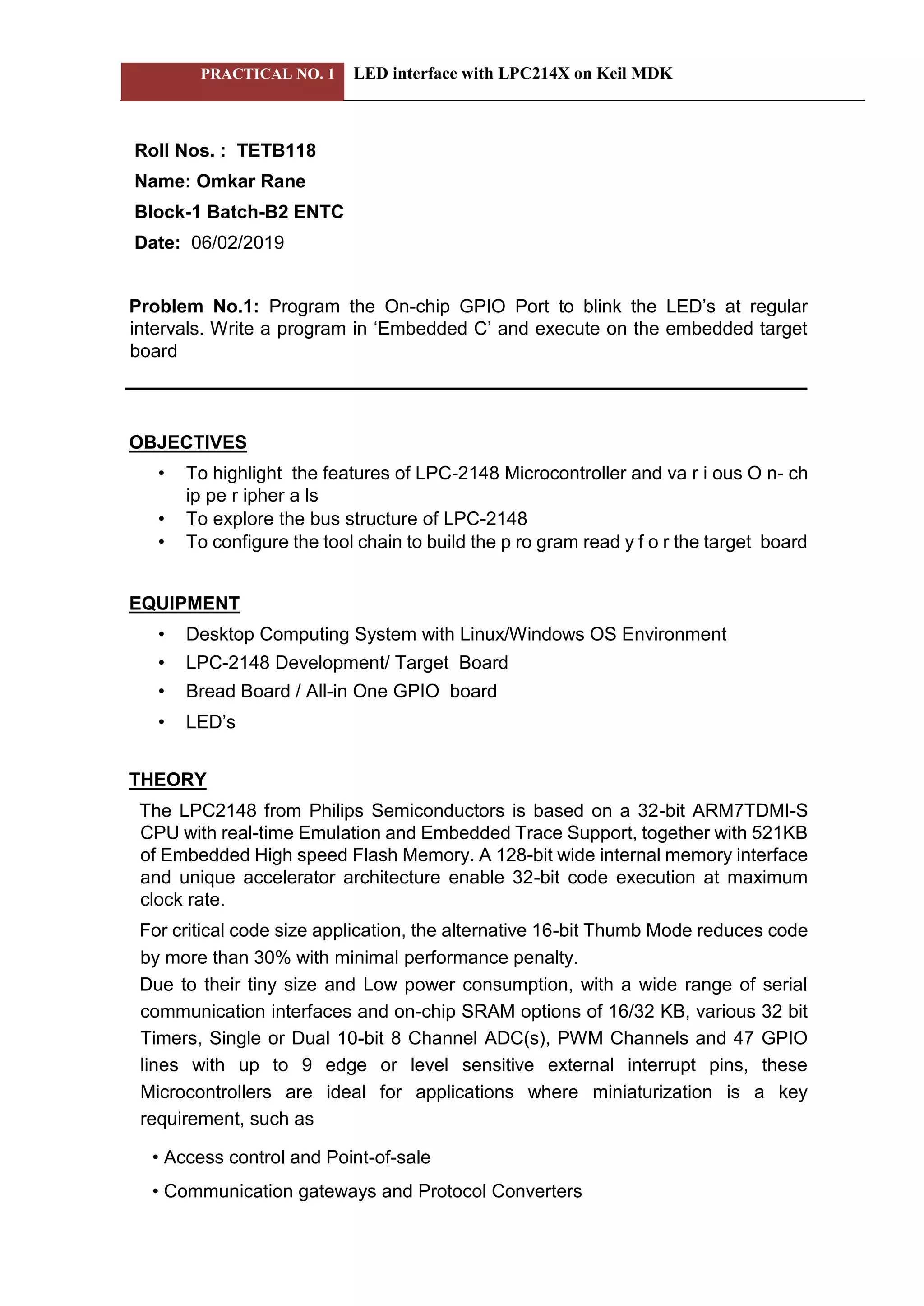 Blinking Of LEDs On LPC2148 ARM 7 TDMIS Based Microcontroller | PDF
