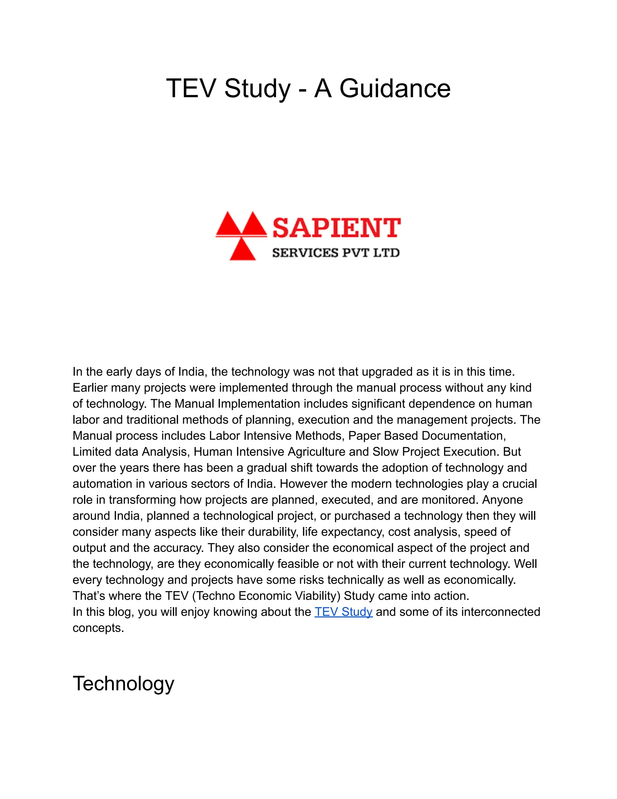 TEV Study (Techno Economic Viability) - A Guidance | PDF