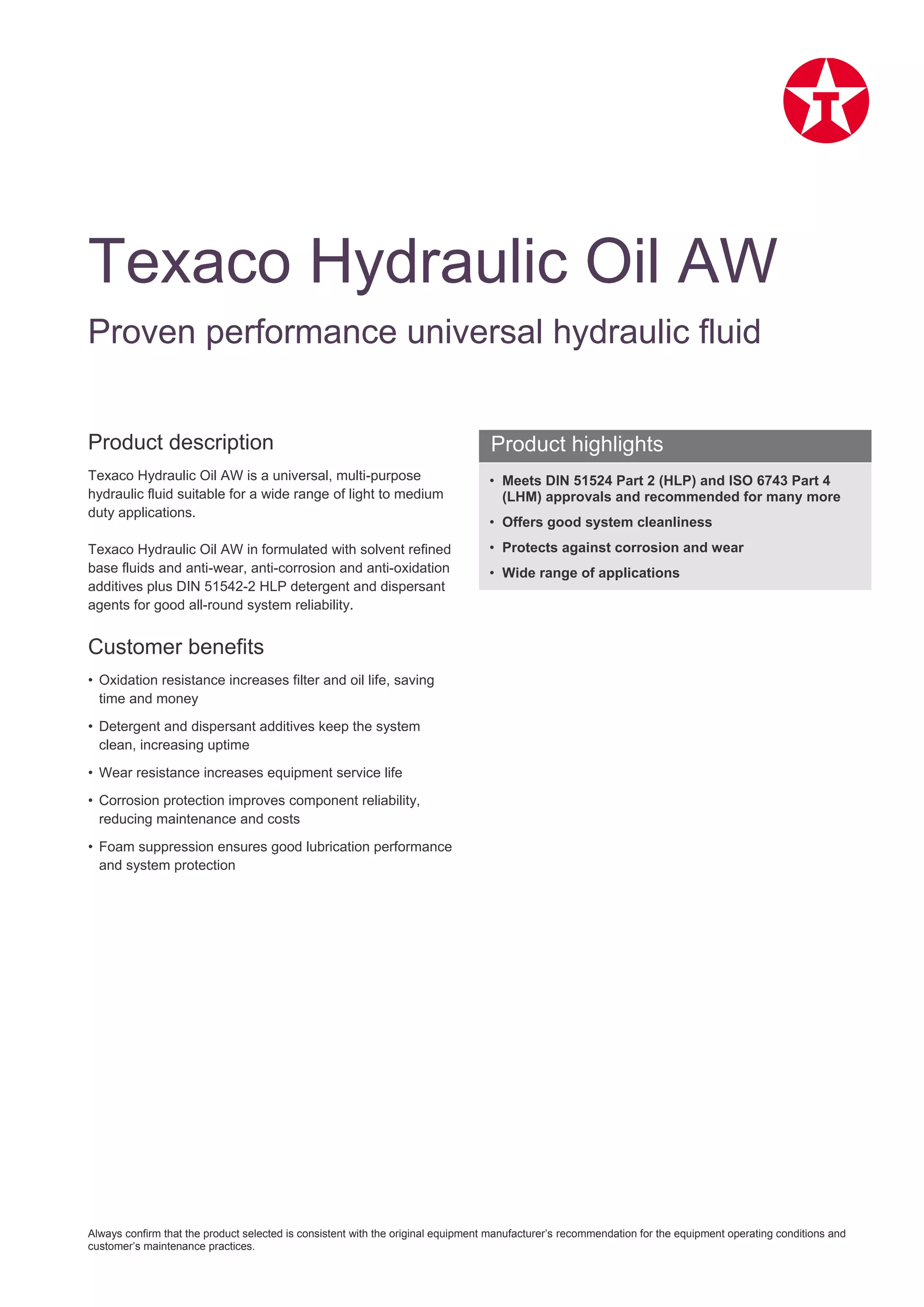 Olio Idraulico - Texaco Hydraulic Oil AW - Fornid | PDF