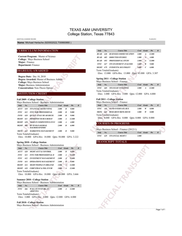 Michael Herlache Graduate Transcript - MBA Program - Texas A&M University | PDF | Business ...
