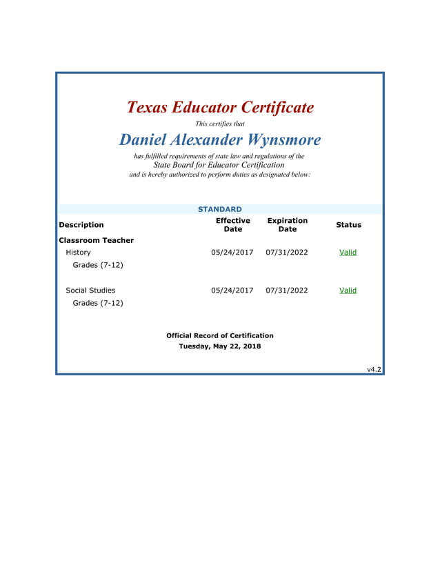 Texas Educator's Certificate 2018 | PDF