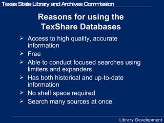 TexShare Databases Basic Reference Lesson 1 | PPT | Search | Internet