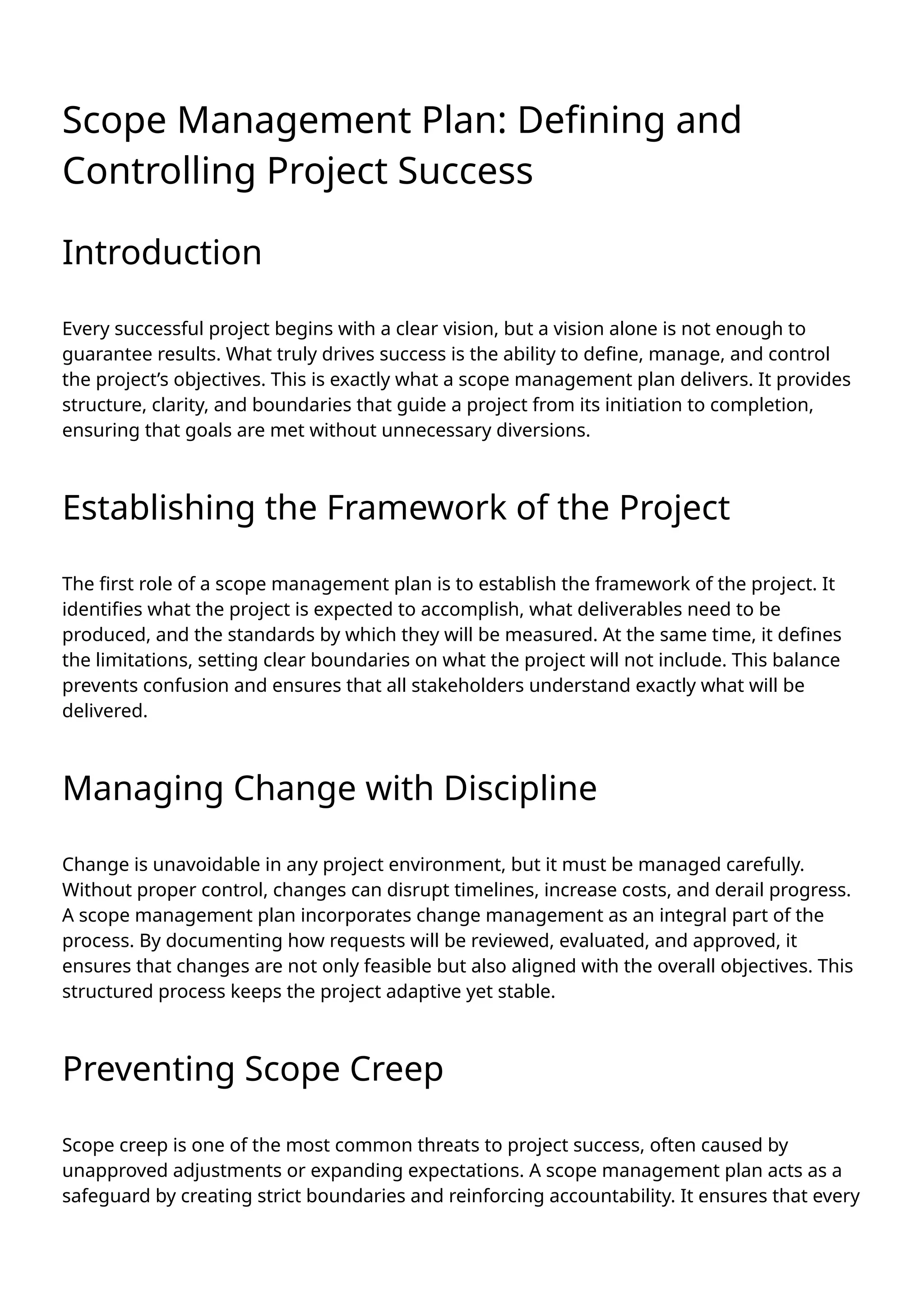 Scope Management Plan: Defining and Controlling Project Success | PDF