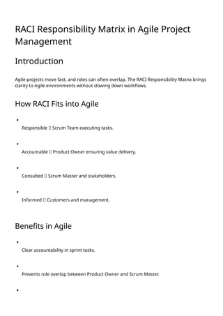 RACI Responsibility Matrix in Agile Project Management | PDF