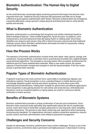 Biometric Authentication: The Human Key to Digital Security | PDF