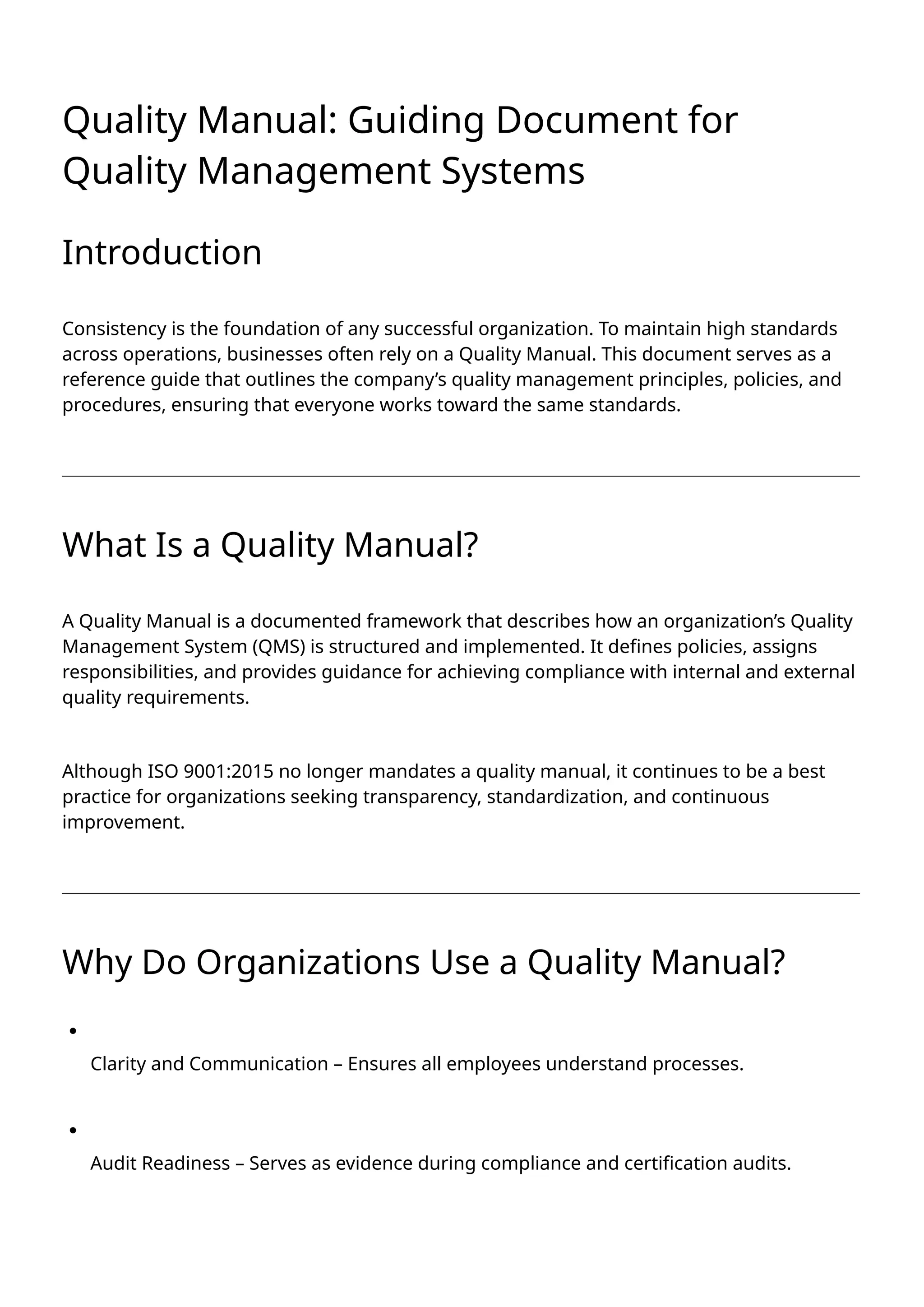 Quality Manual: Guiding Document for Quality Management Systems | PDF