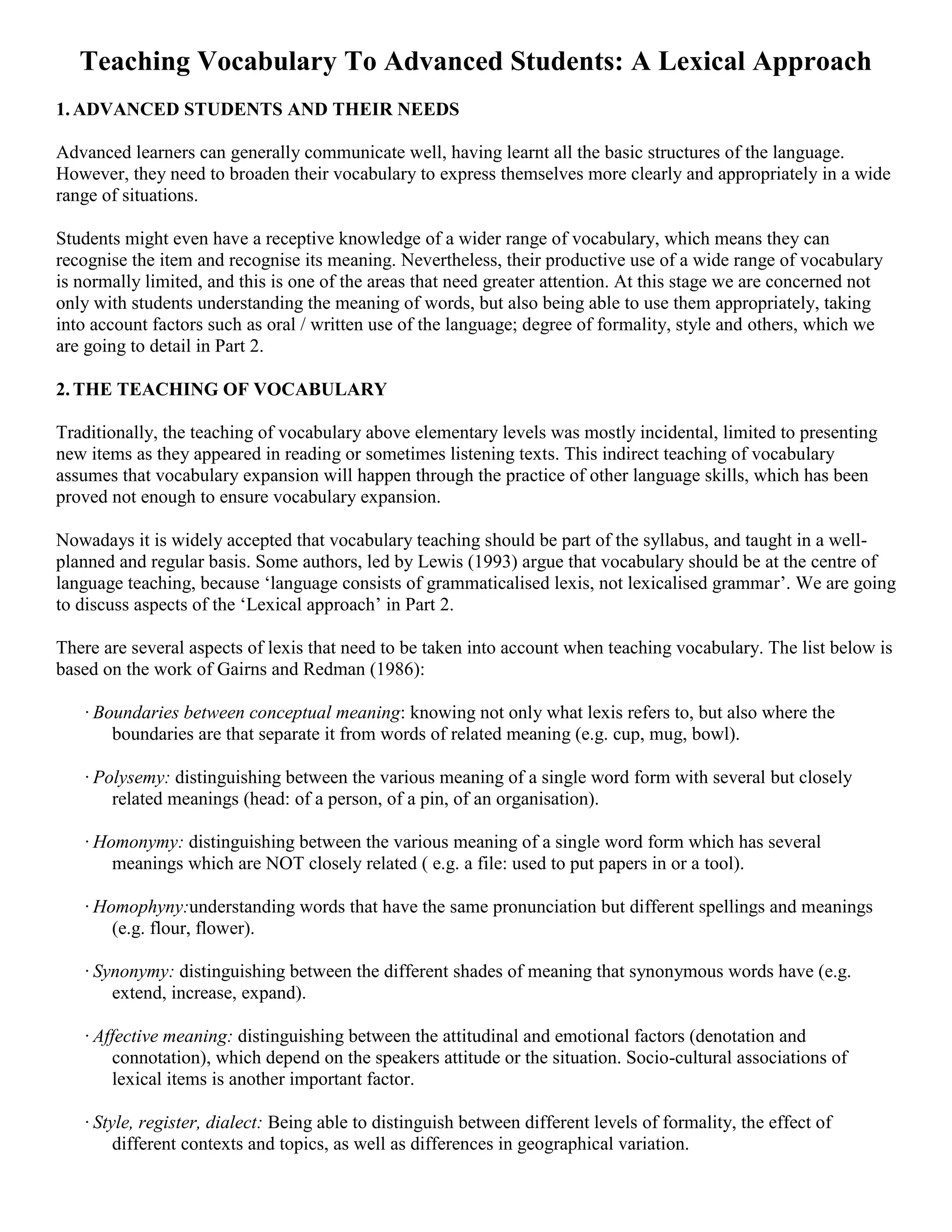 Teaching Vocabulary to Advanced Students | PDF