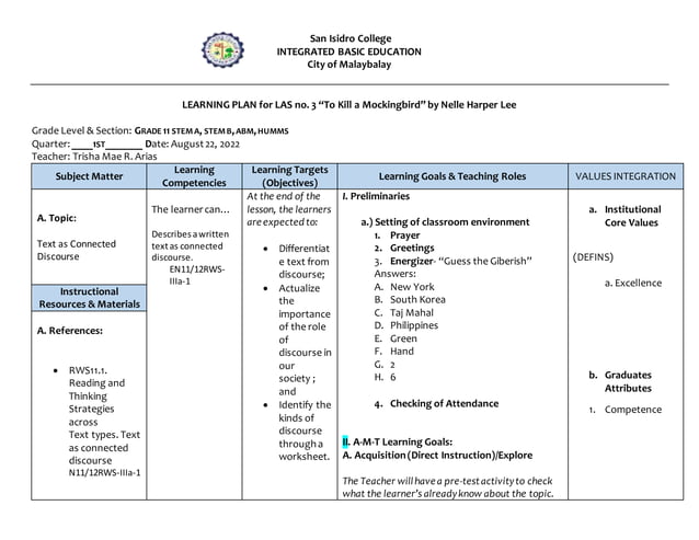 Text as connected discourse- LP- Arias.docx | Educational Assessment | Education