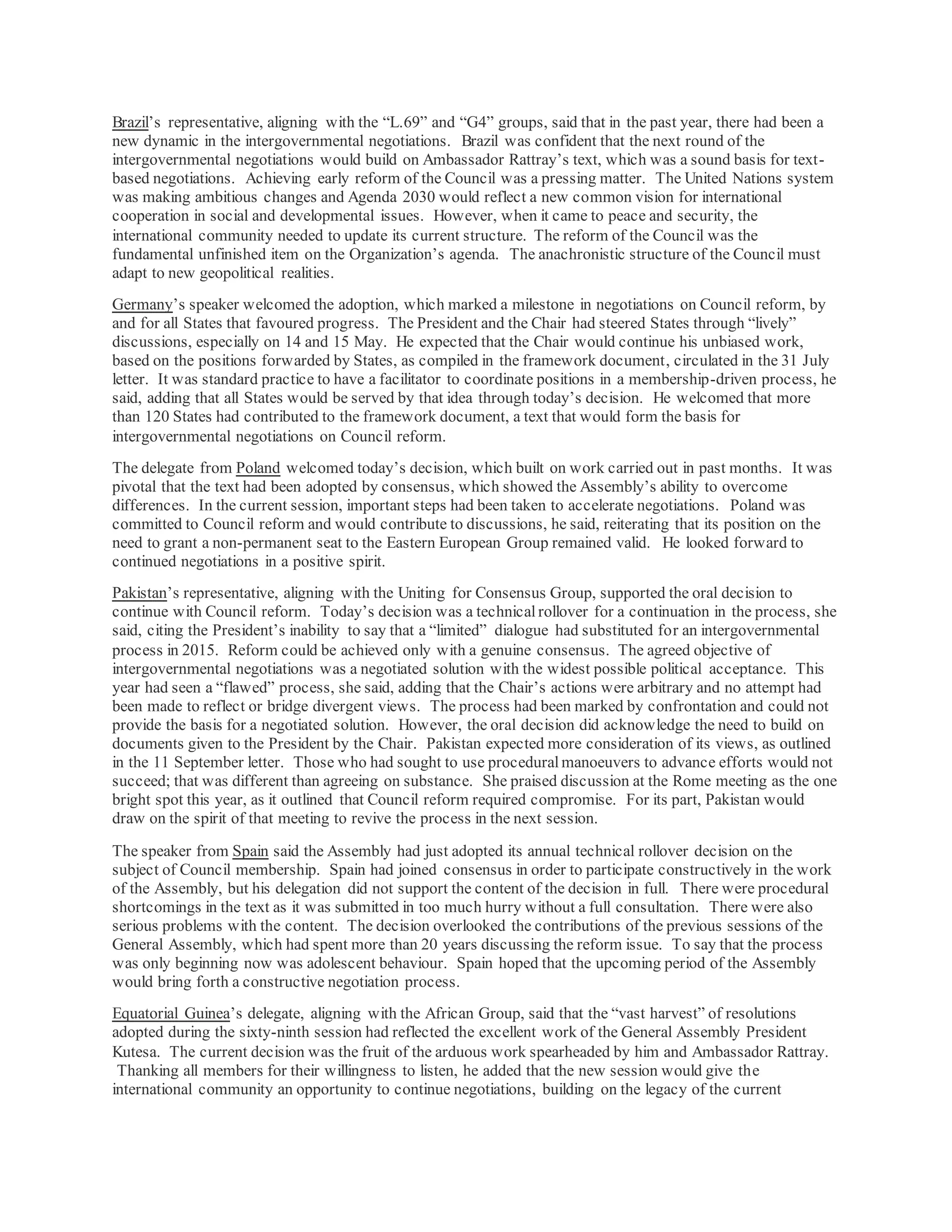 Text based negotiation on unsc reforms | DOCX | Civic affairs | Politics