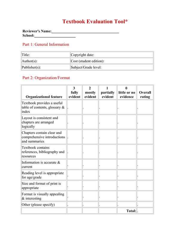 Textbook Evaluation Checklist | DOC | Educational Assessment | Education
