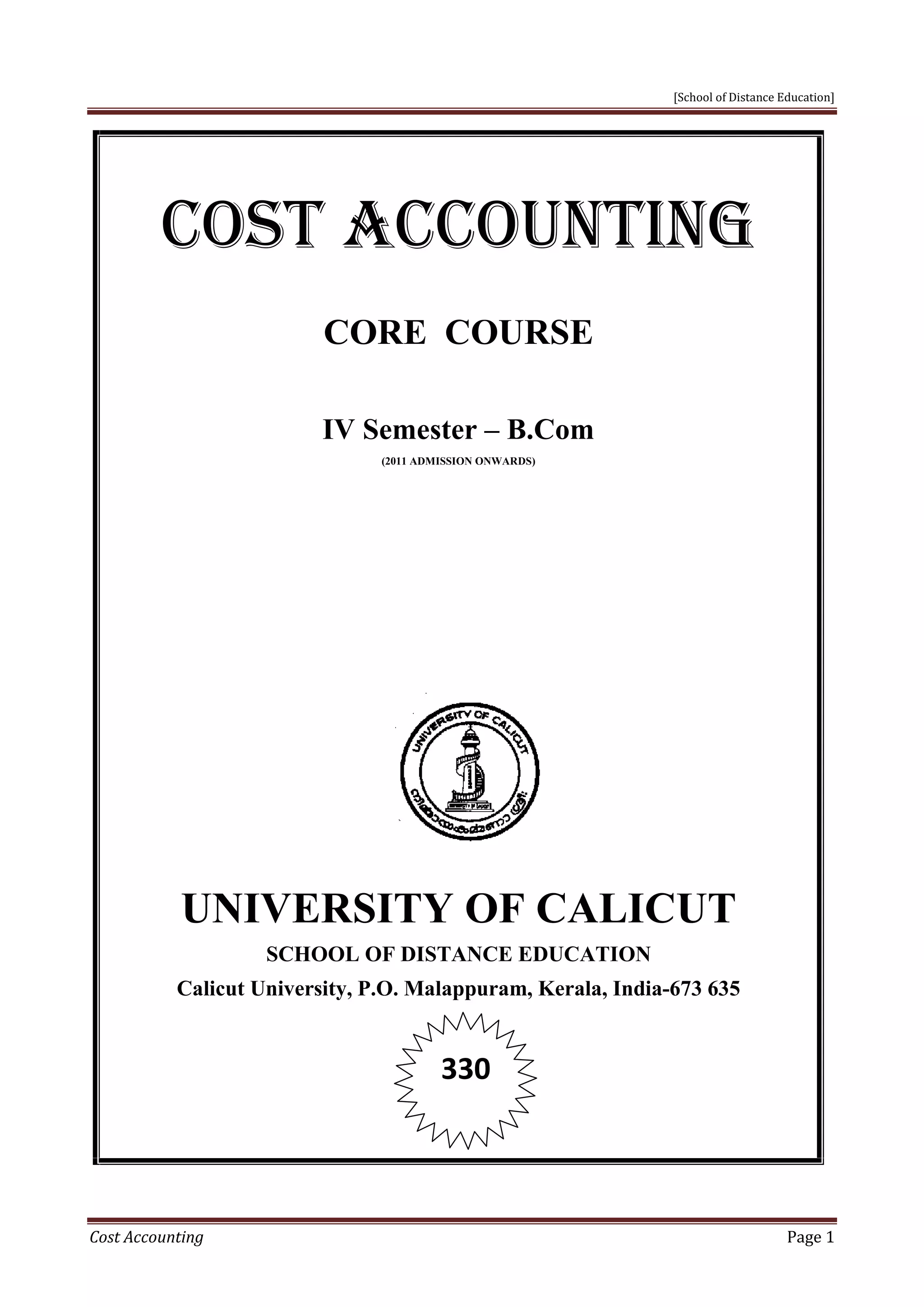 A Textbook of Cost Accounting (Calicut University) | PDF