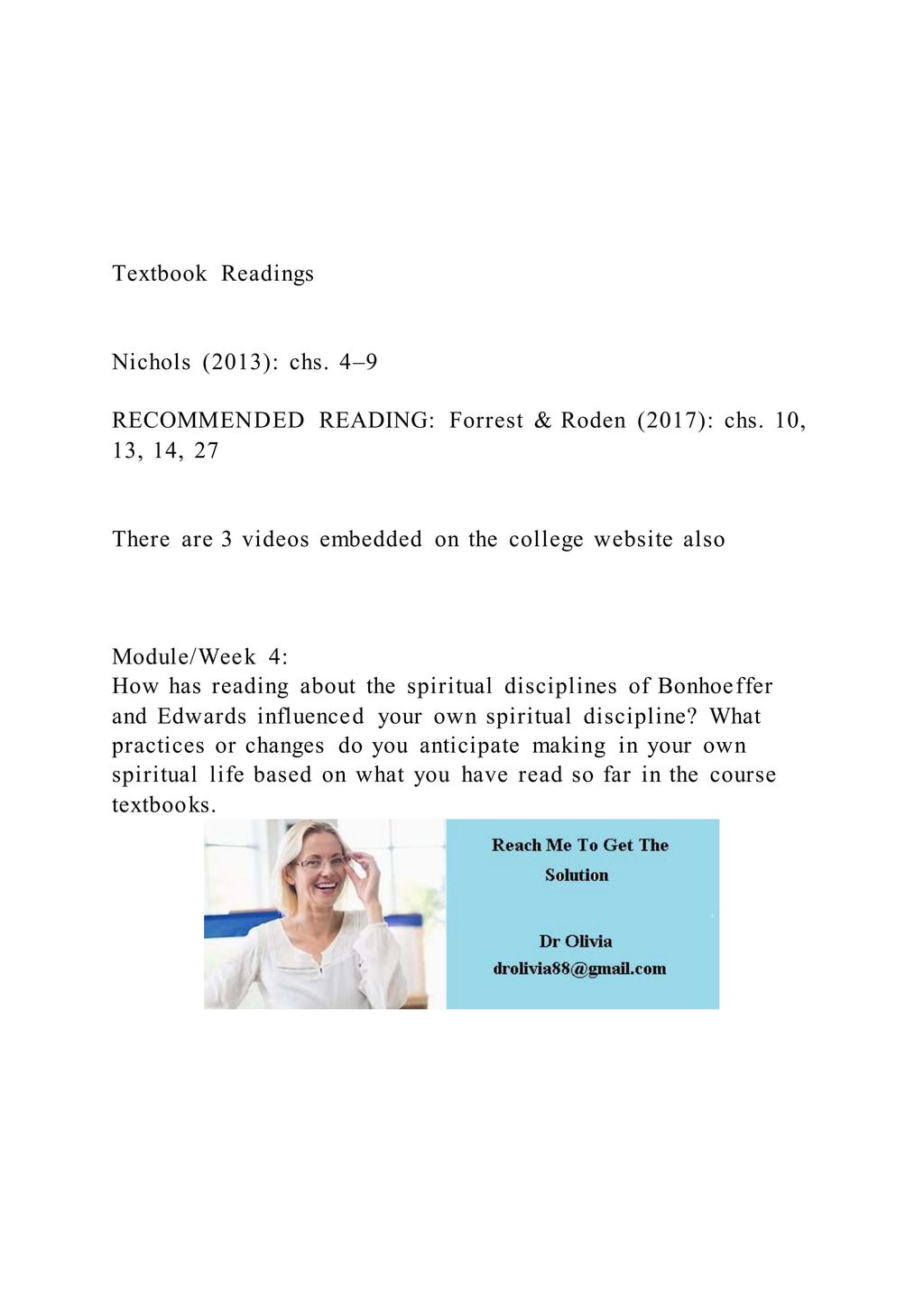 Textbook ReadingsNichols (2013) chs. 4–9RECOMMEND | DOCX