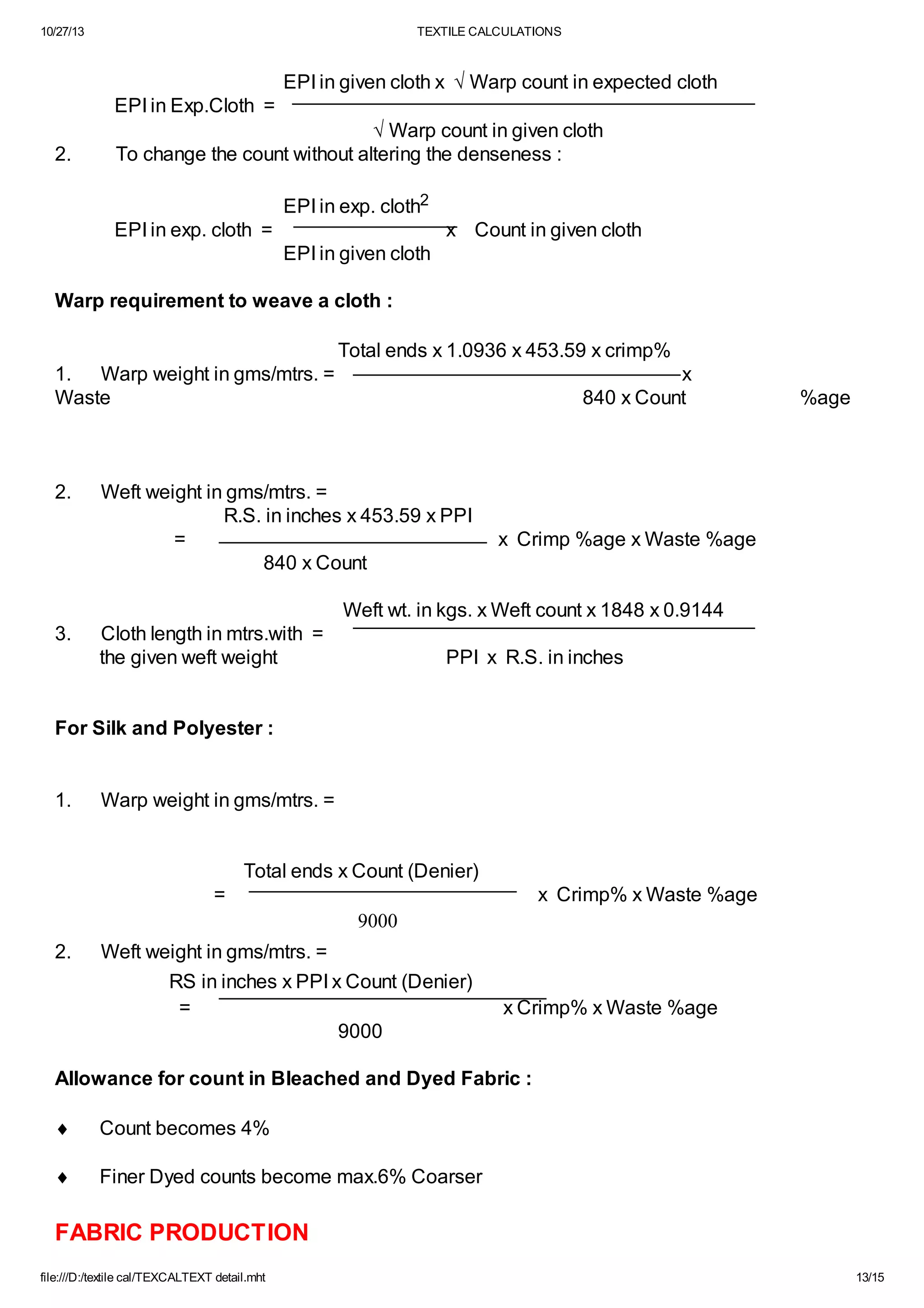 Textile calculations | PDF