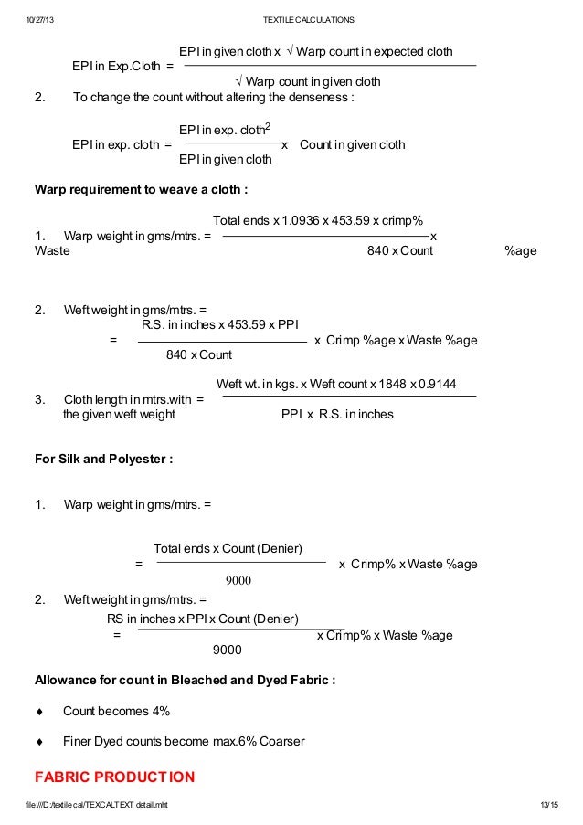 Textile calculations