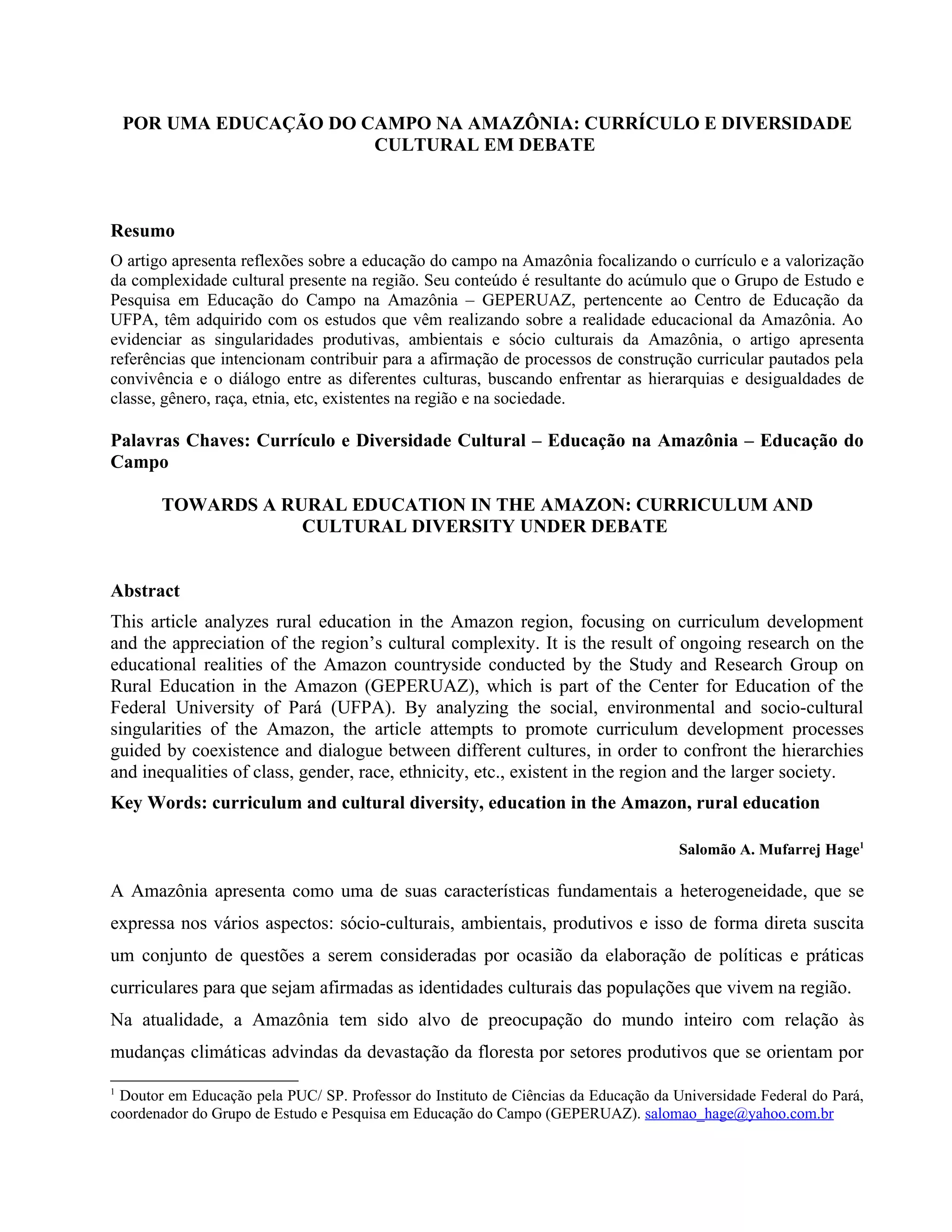Por Uma Educação Do Campo Na Amazônia: Currículo E Diversidade Cultural ...