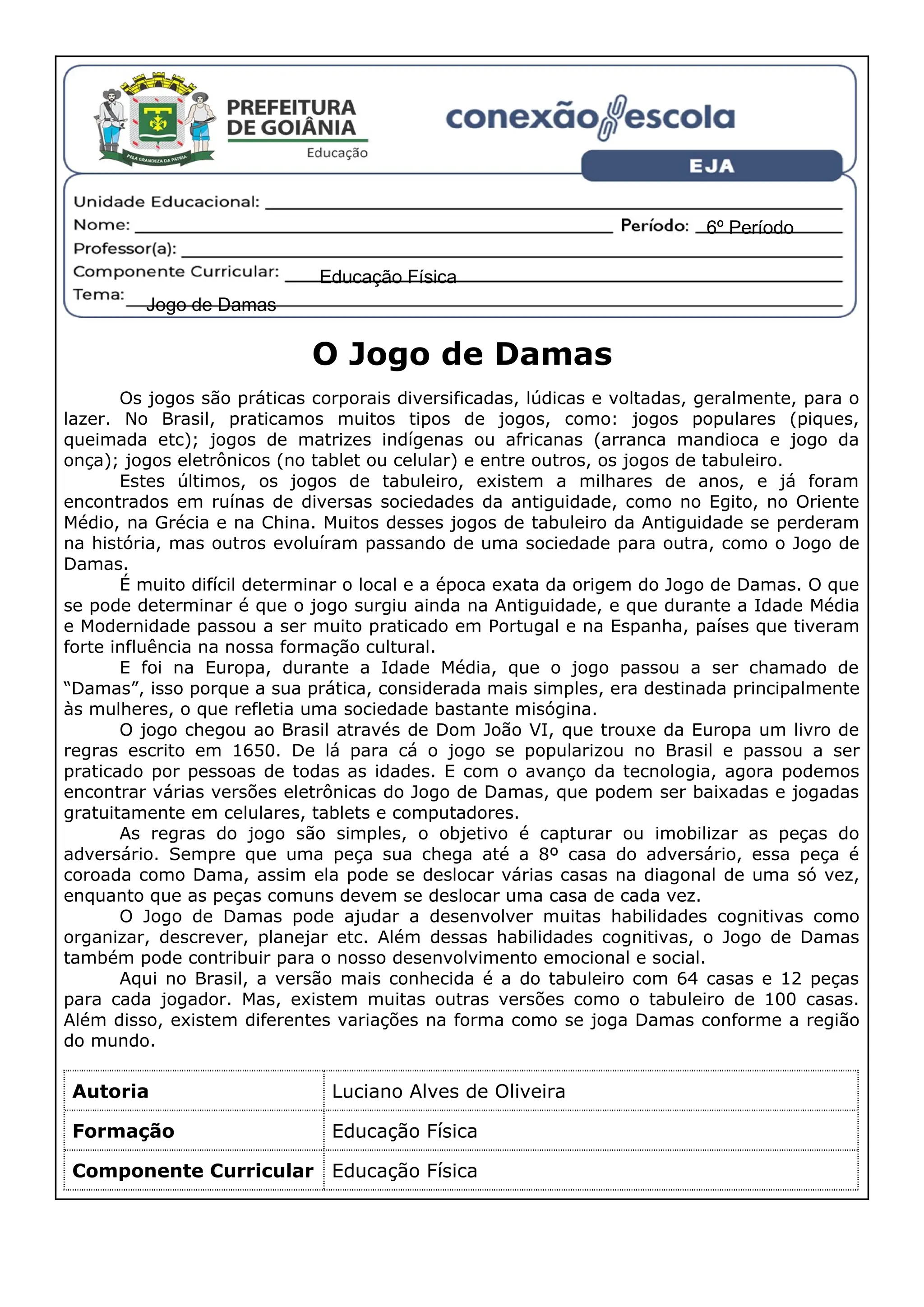 Passo a passo para jogar dama em sala de aula. | DOCX