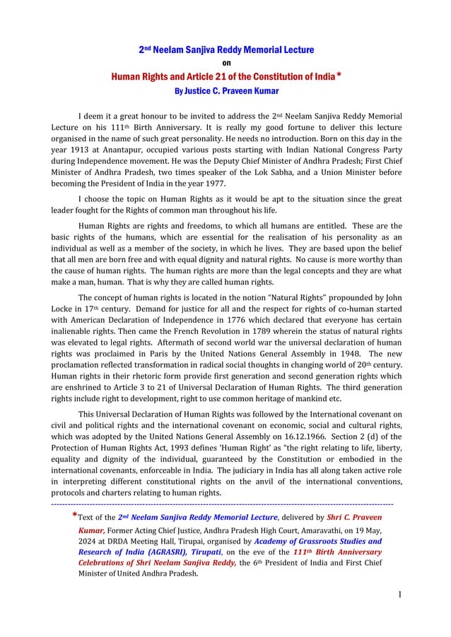 Text of the 2nd Neelam Sanjiva Reddy Memorial Lecture by Shri Justice C. Praveen Kumar Garu, 19 ...